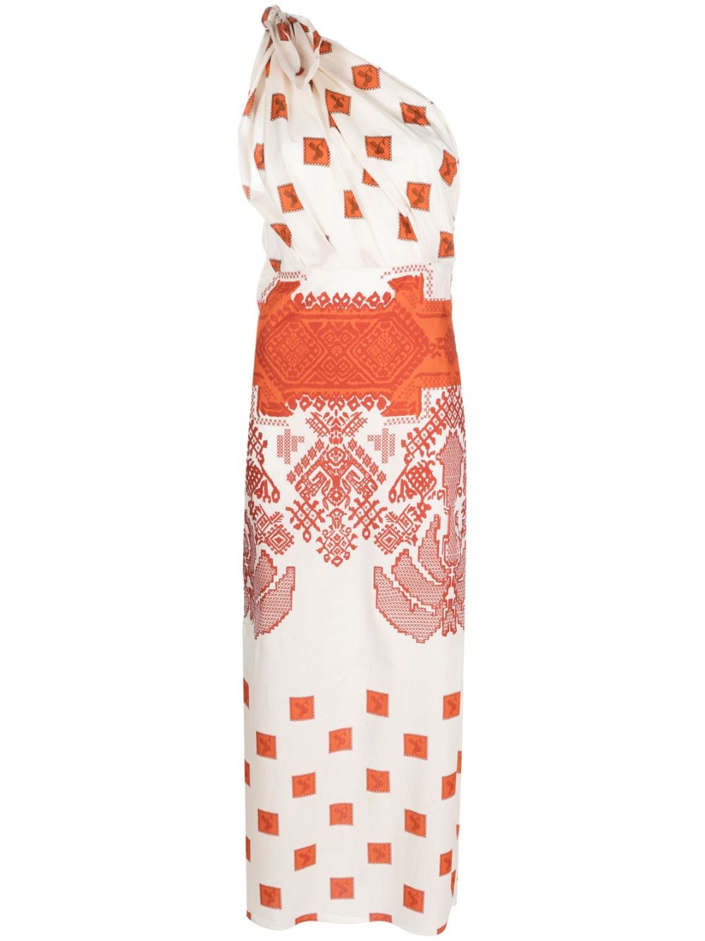orange and white one shoulder dress Orange & White Floral Asymmetric Midi Dress