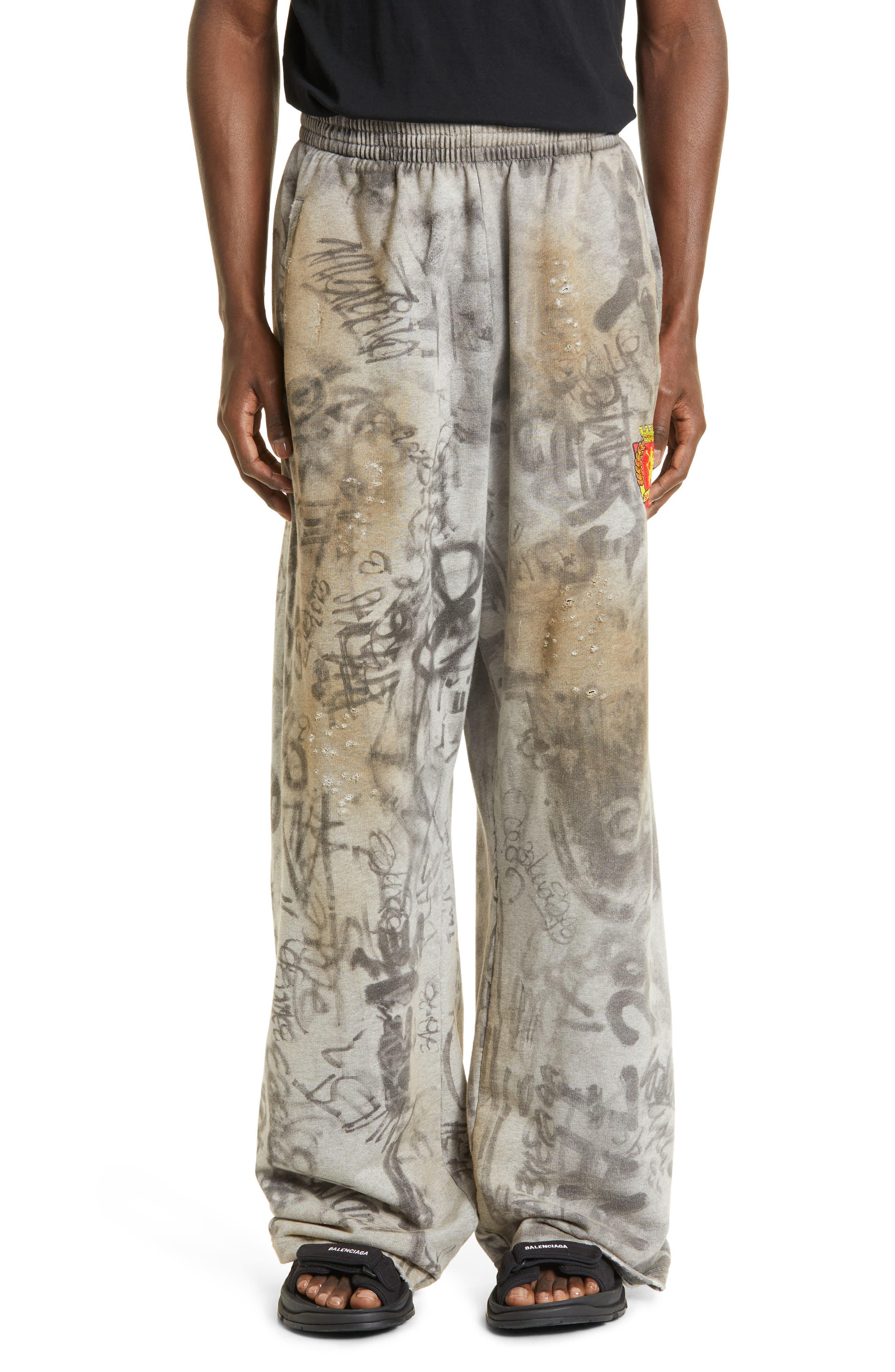 Balenciaga Skater Graffiti Dirty Effect Cotton Fleece Pants In 