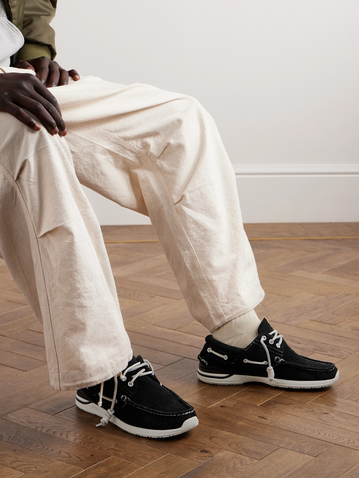 Visvim Hockney-Folk Suede Boat Shoes In Black - 50% Off | Editorialist