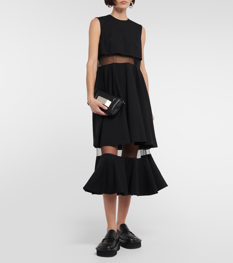 NOIR KEI NINOMIYA Noir Kei Ninomiya Black Wool Midi Dress with Mesh Trims