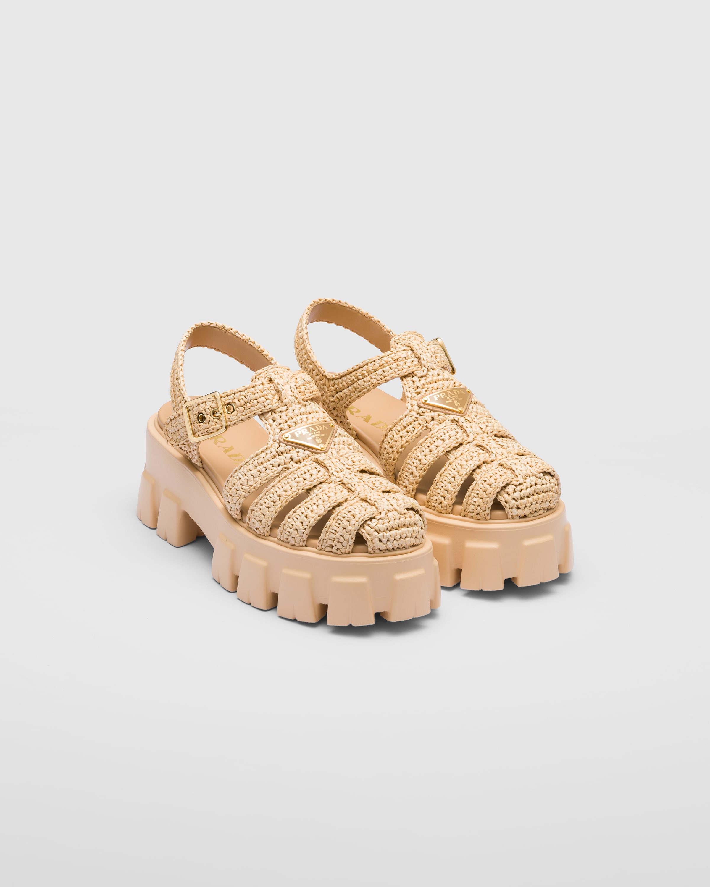 Prada Monolith Crochet Cage Sandals - Natural | Editorialist