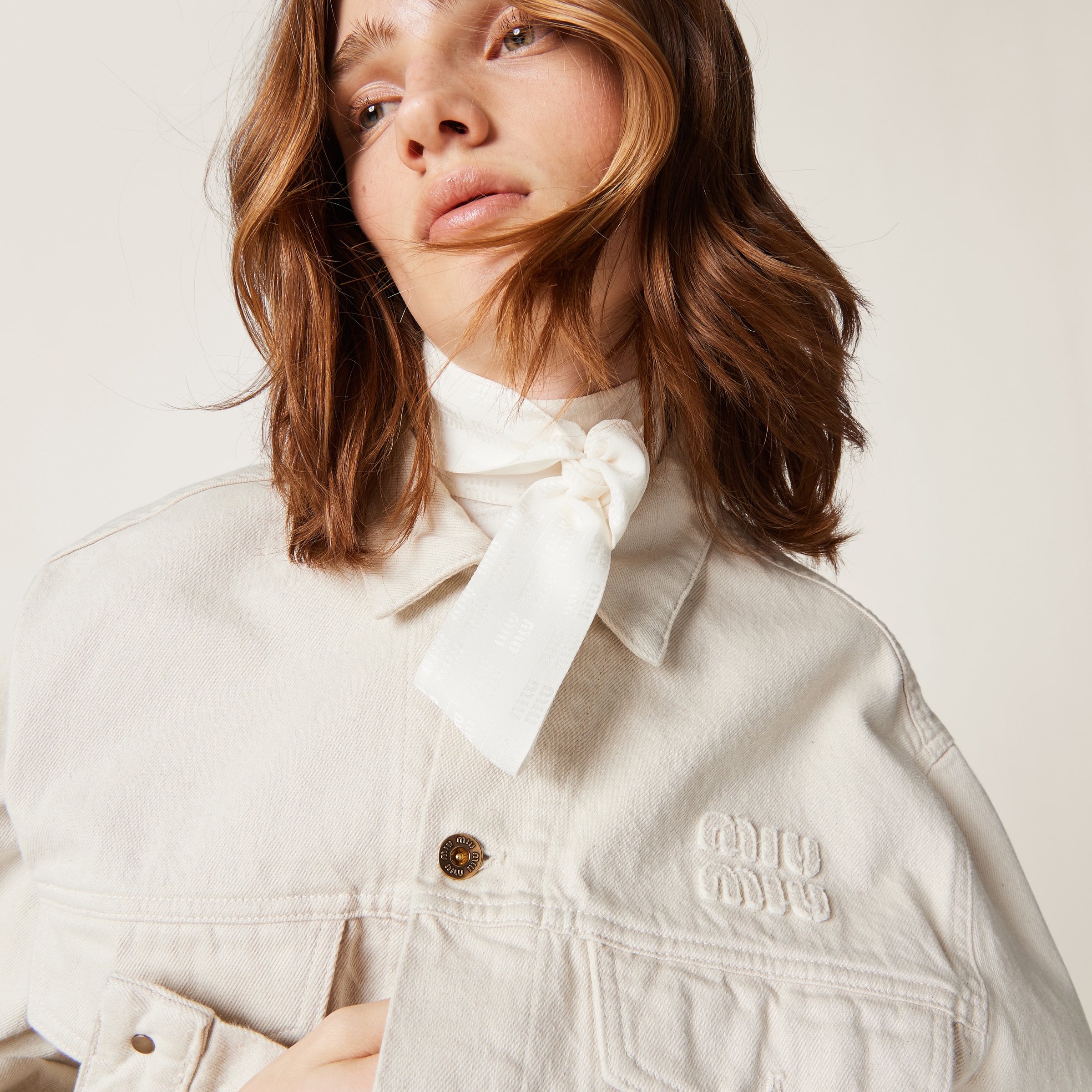 miumiu white denim jacket ミュウミュウ Miu Miu Denim Jacket - Ecru | Editorialist