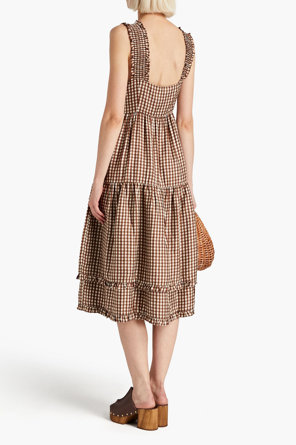 Shrimps Luna Tiered Gingham Silk-Twill Midi Dress Uk 12 In Brown - 85% Off  | Editorialist