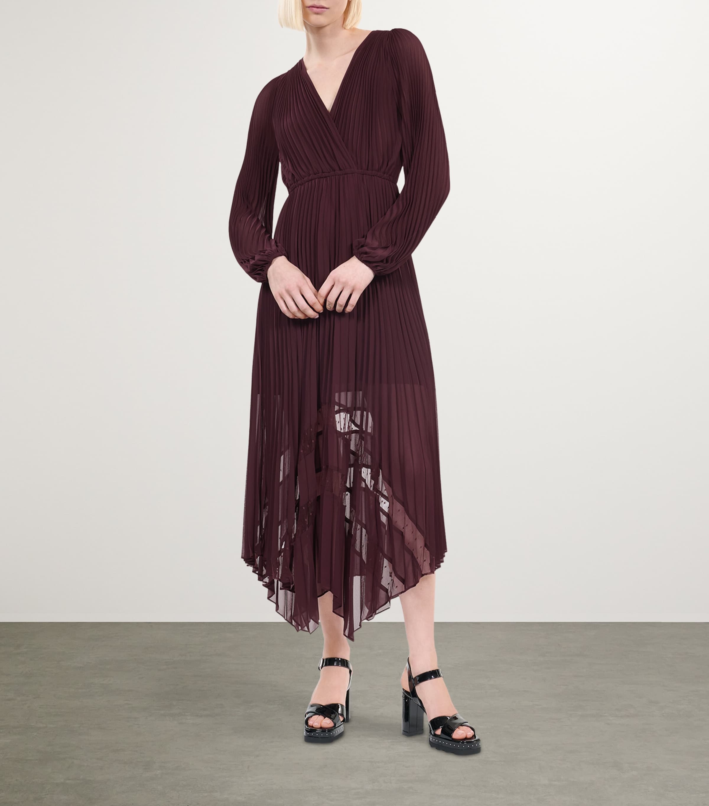 The Kooples Pliss Pleated Midi Dress - Burgundy | Editorialist