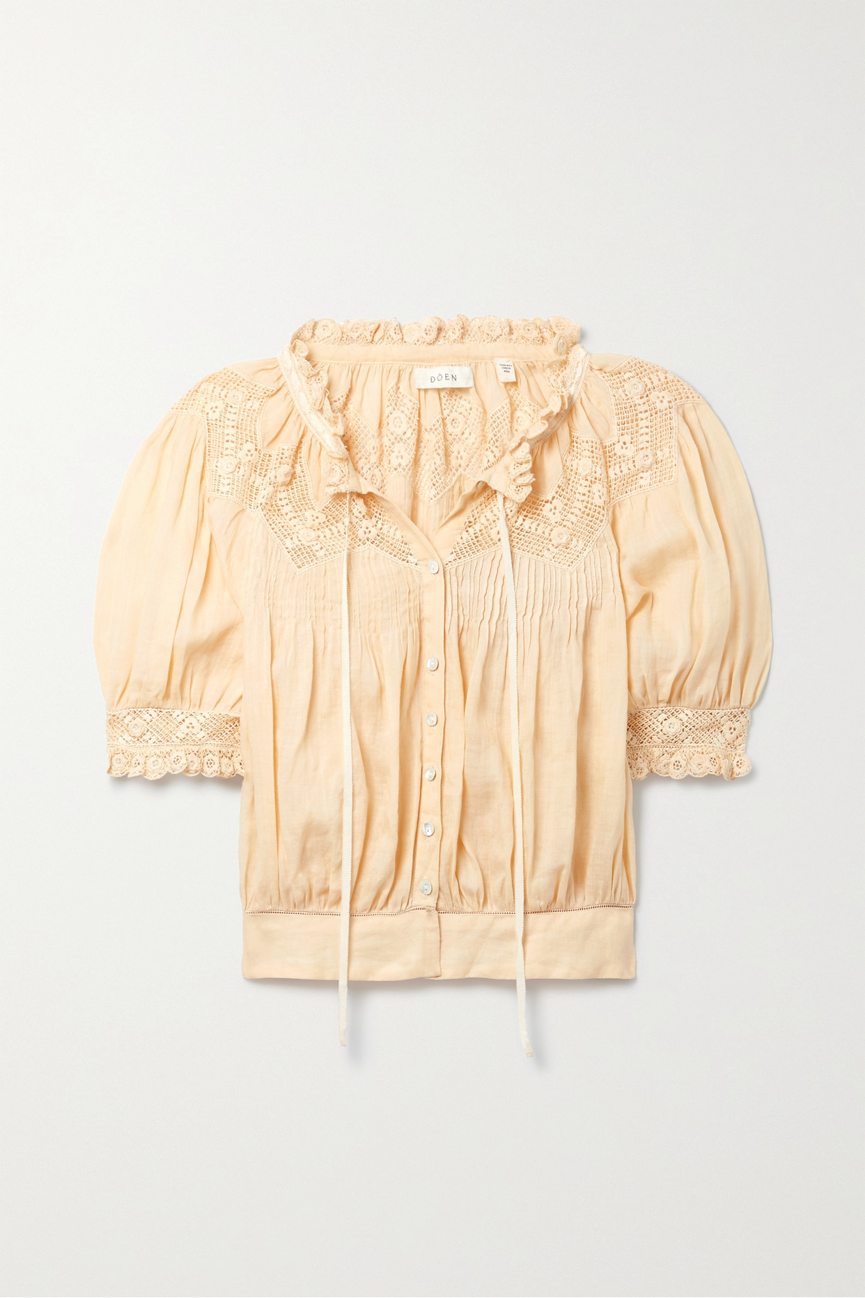 DôEn Agatha Crochet-Trimmed Pintucked Ramie Top - Peach | Editorialist