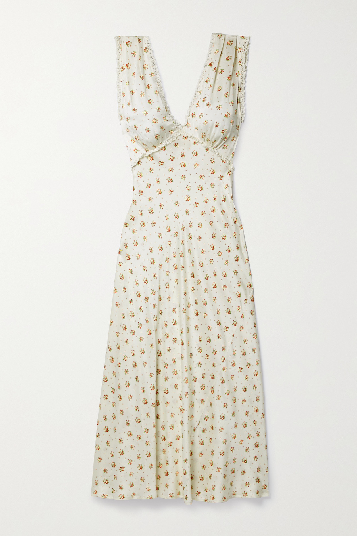 DEn Tahlia Lace-Trimmed Floral-Print Silk-Charmeuse Midi Dress In Neutrals  - 40% Off | Editorialist