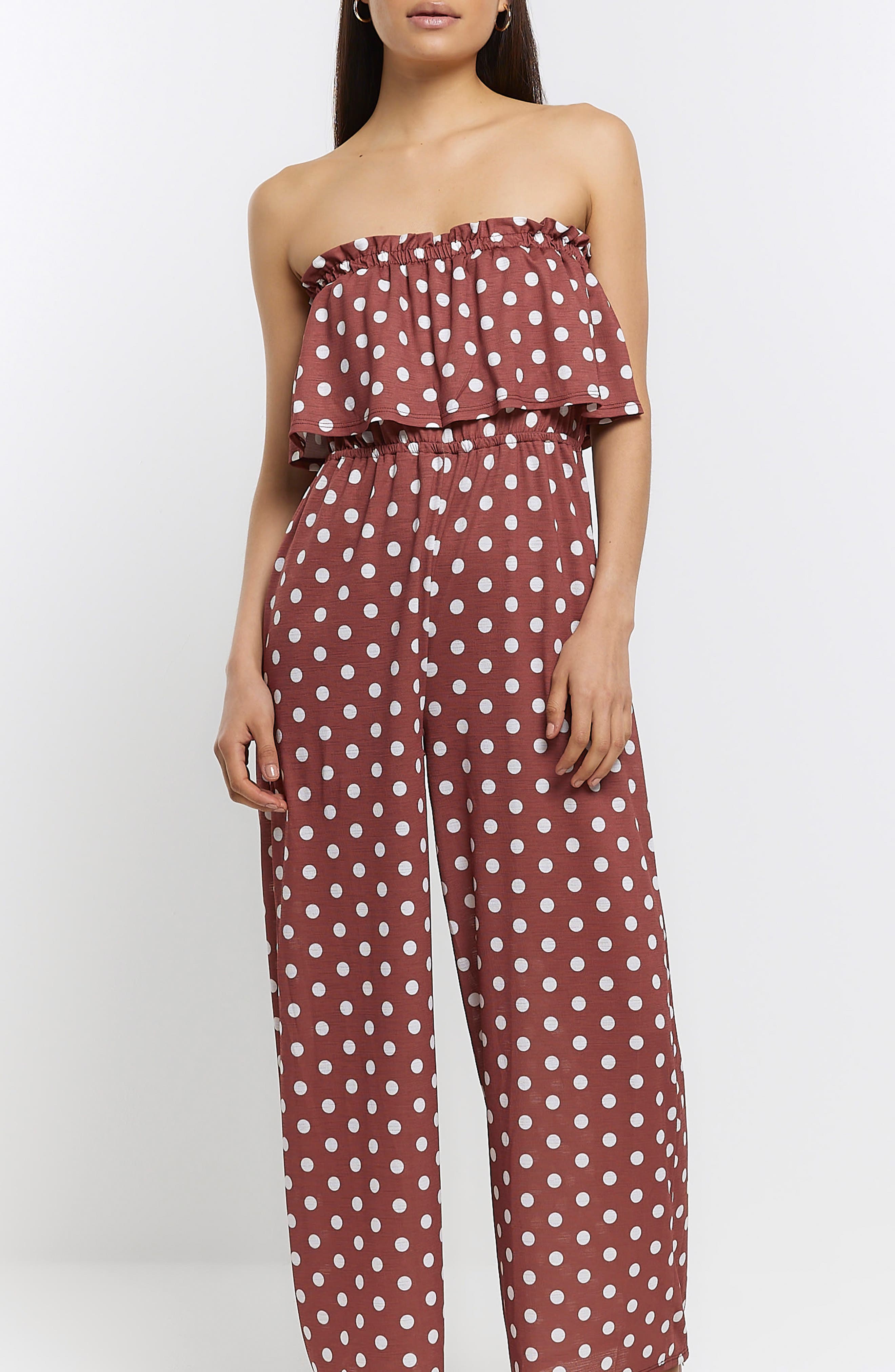 River Island Margaret Polka Dot Bandeau Jumpsuit In Rust - 55% Off