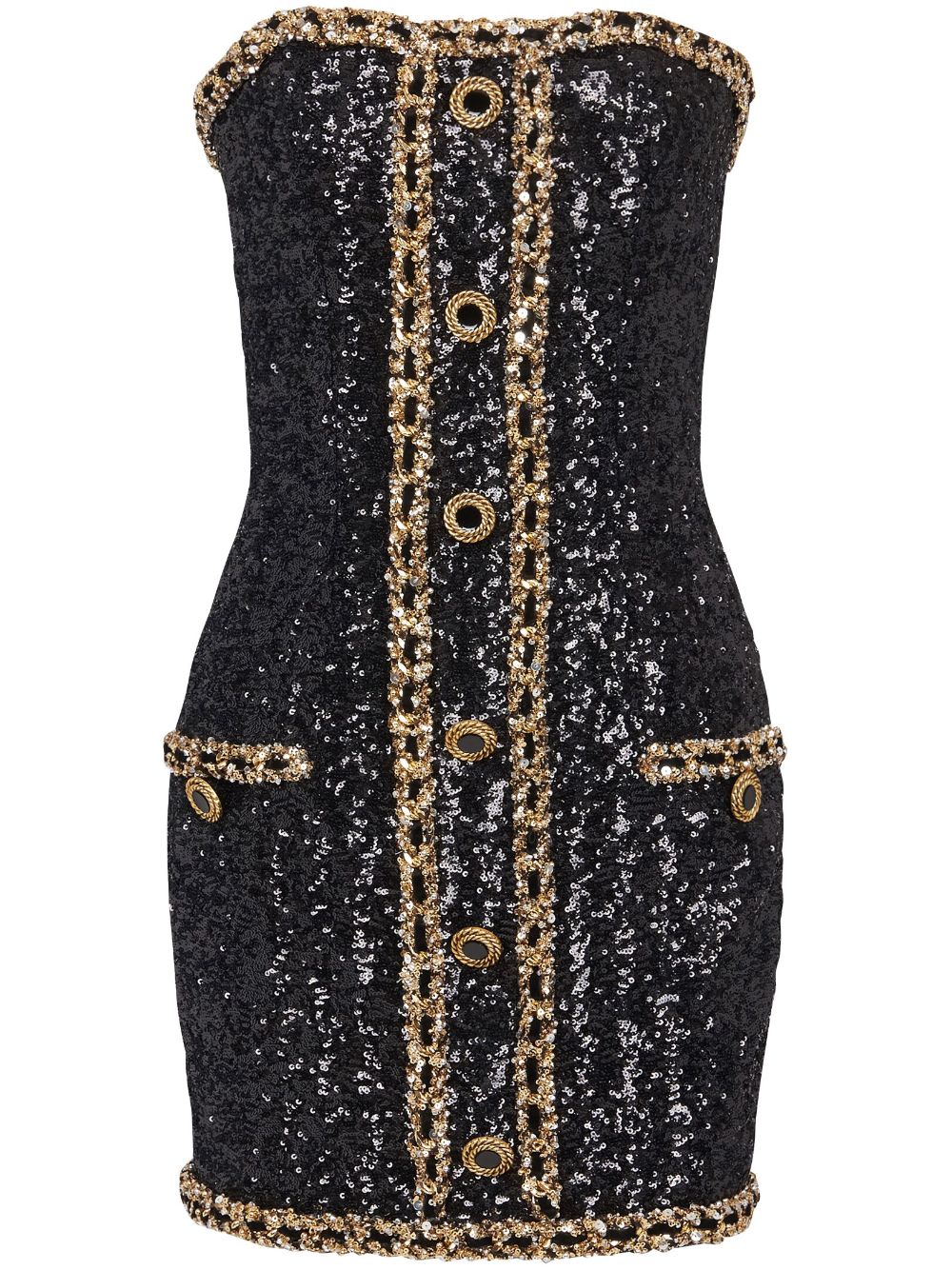 knee length dresses for ladies Balmain Black & Gold Beaded V-Neck Mini Dress