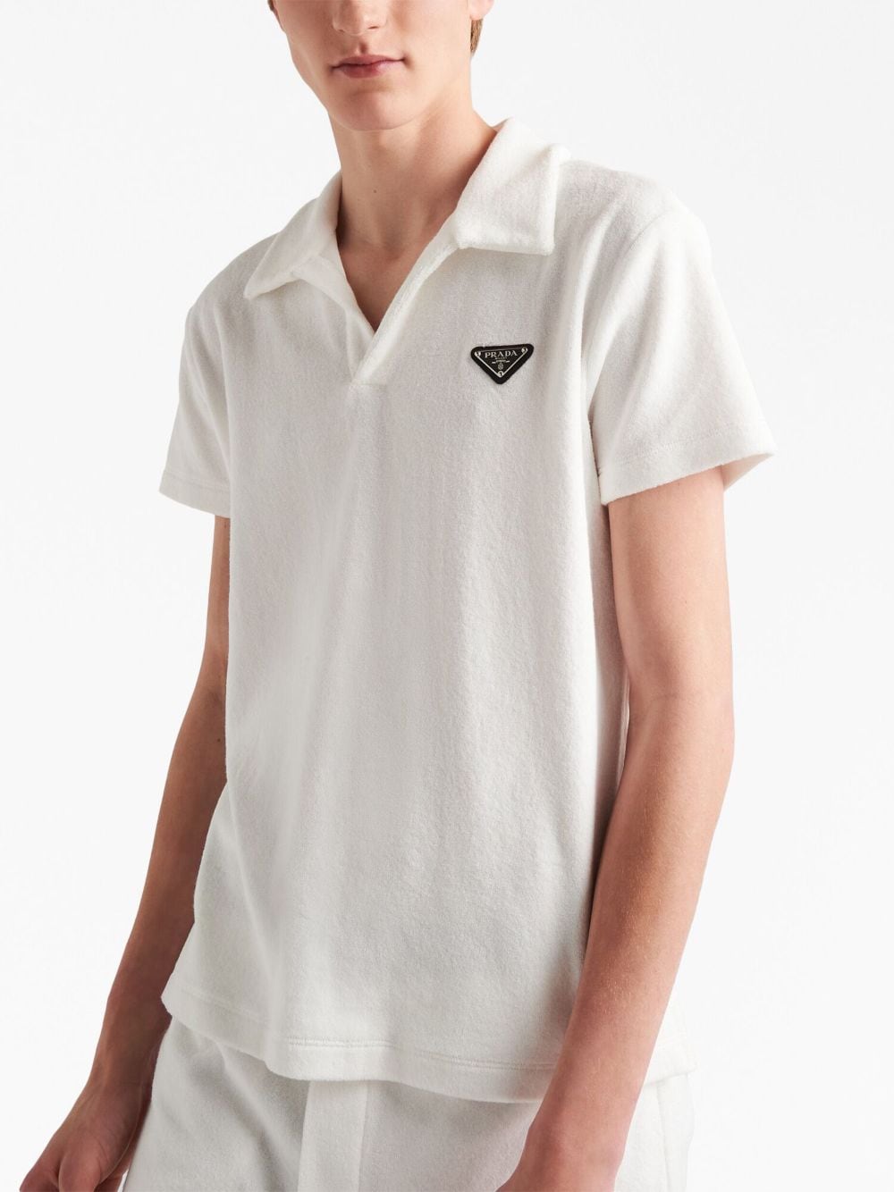 Prada Logo-Plaque Terry-Cloth Polo Shirt - White | Editorialist