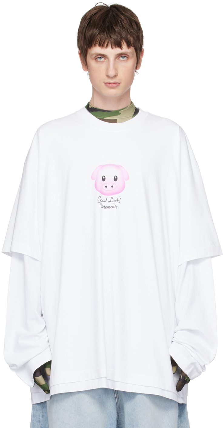 Vetements White Lucky Pig Long Sleeve T-Shirt In White/White - 37 