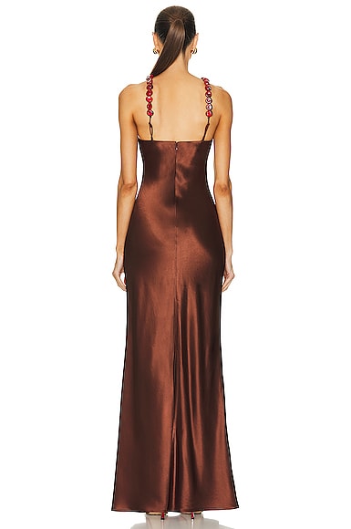 staud cadence dress brown Foil Printed Asymmetric Gown With Ruffled Detail In Navy Gold main image 1