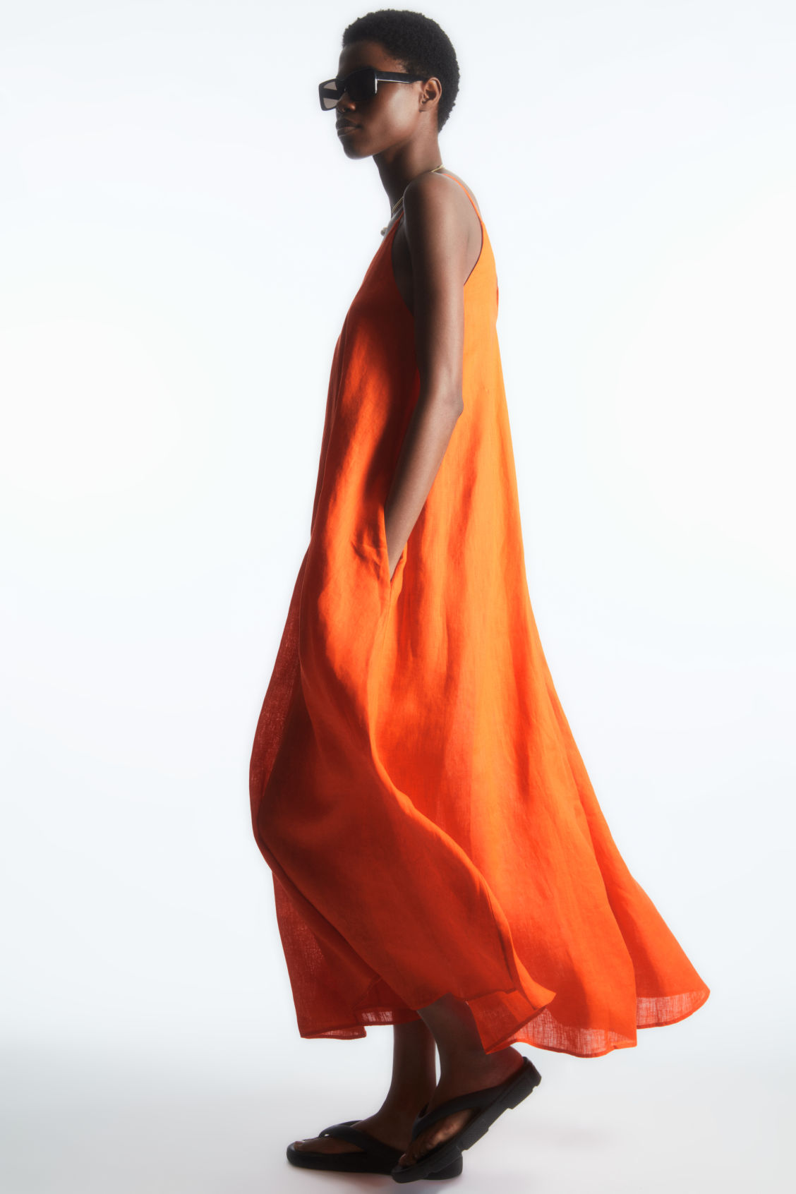 cos pleated v-neck linen midi dress Cos Pleated V-Neck Linen Midi Dress In Orange - 60% Off