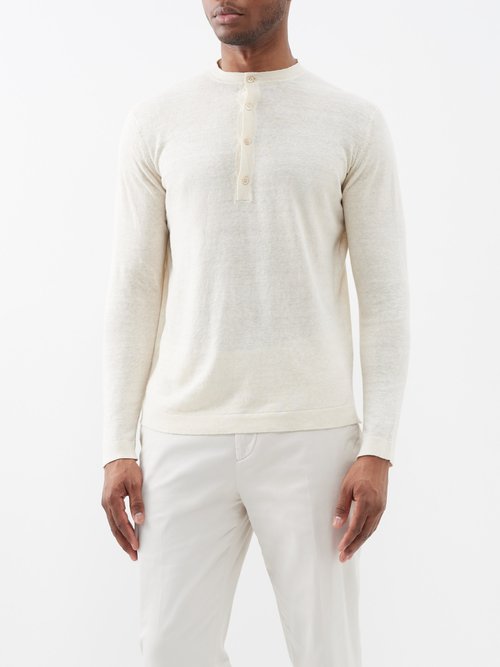 Thom Sweeney Linen-blend Jersey Henley Top - Cream | Editorialist