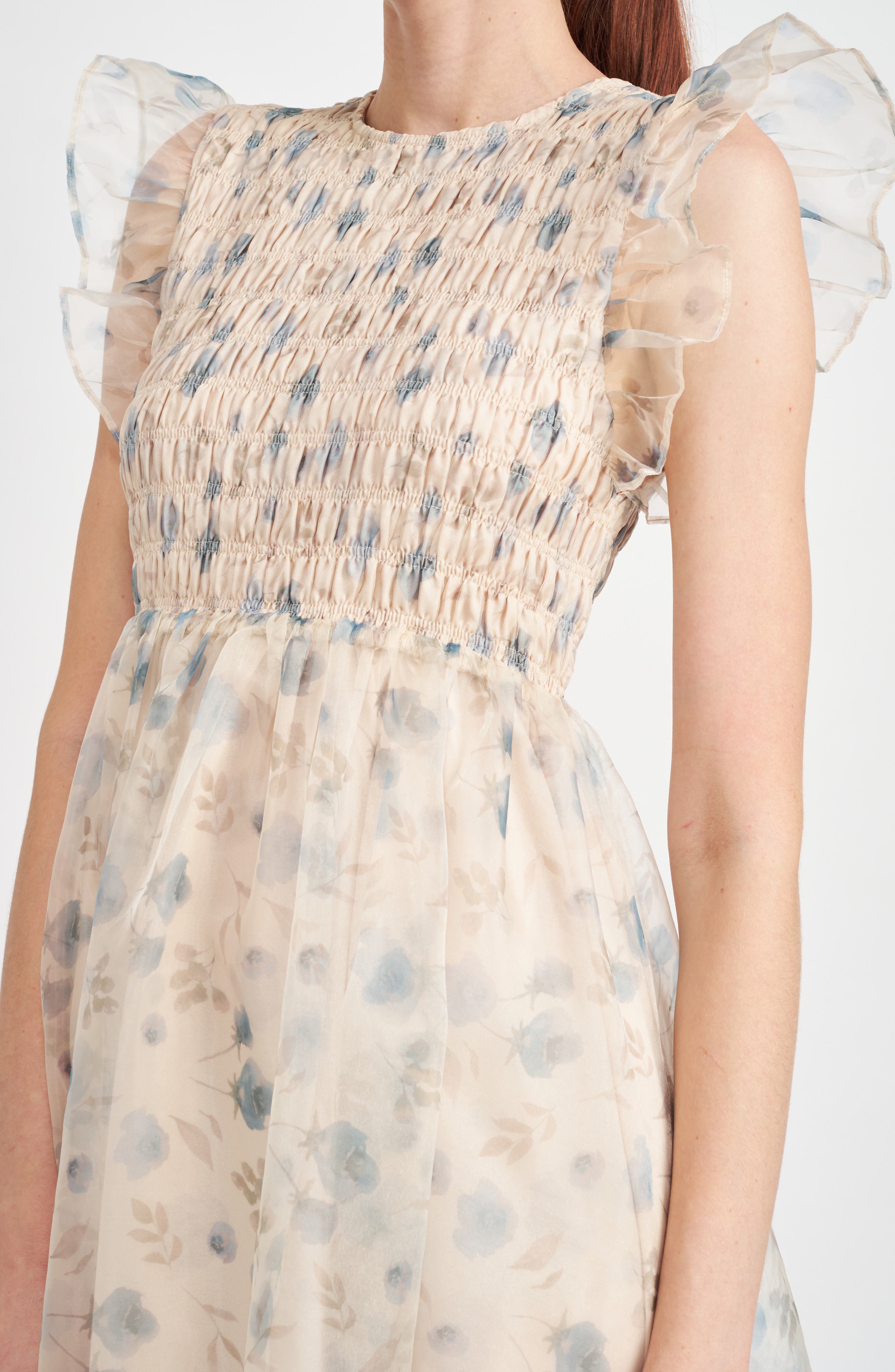 En Saison La Raque Floral Smocked Organza Midi Dress In Blue - 50% Off |  Editorialist