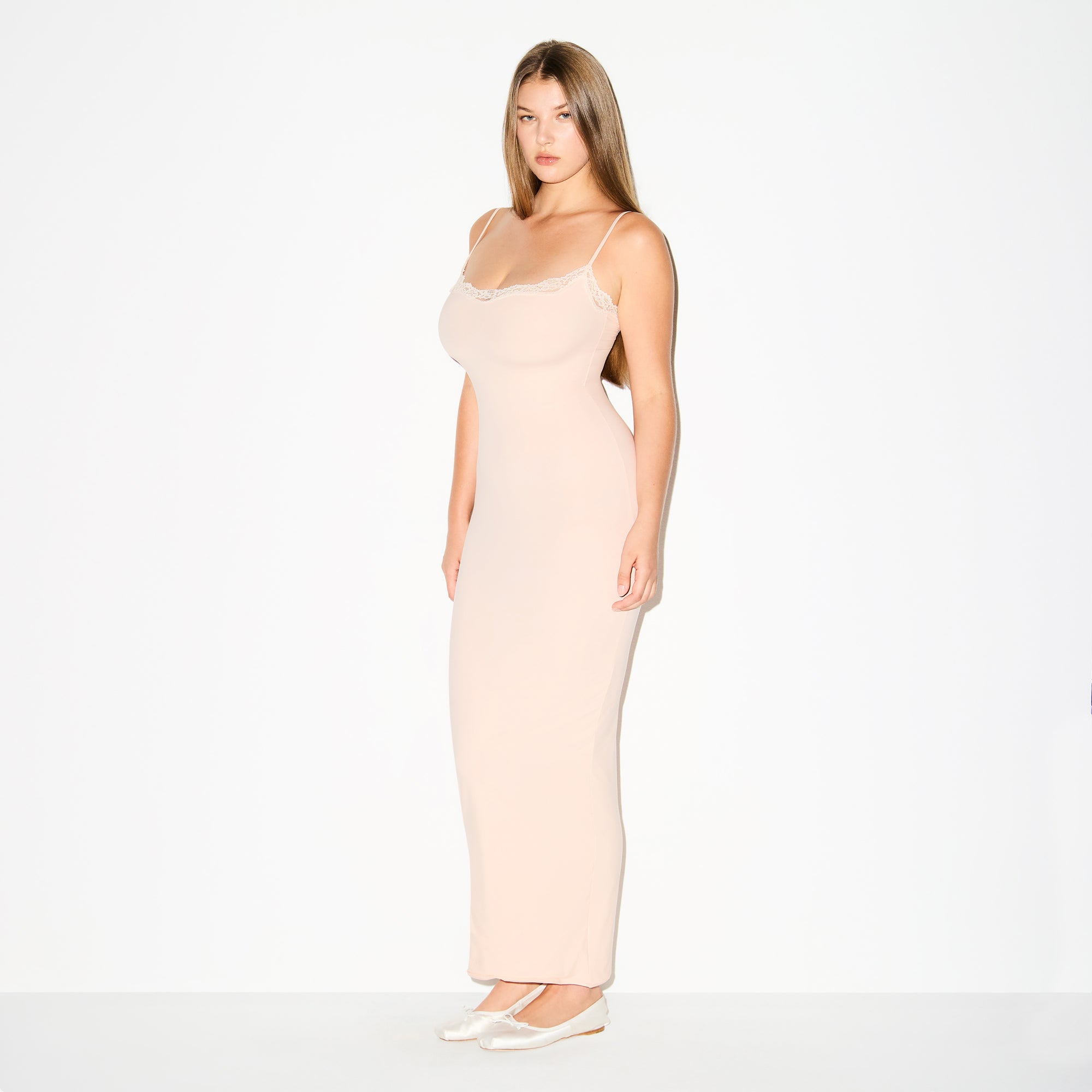 Skims Fits Everybody Lace Long Slip Dress - Bubble Gum Tonal | Editorialist