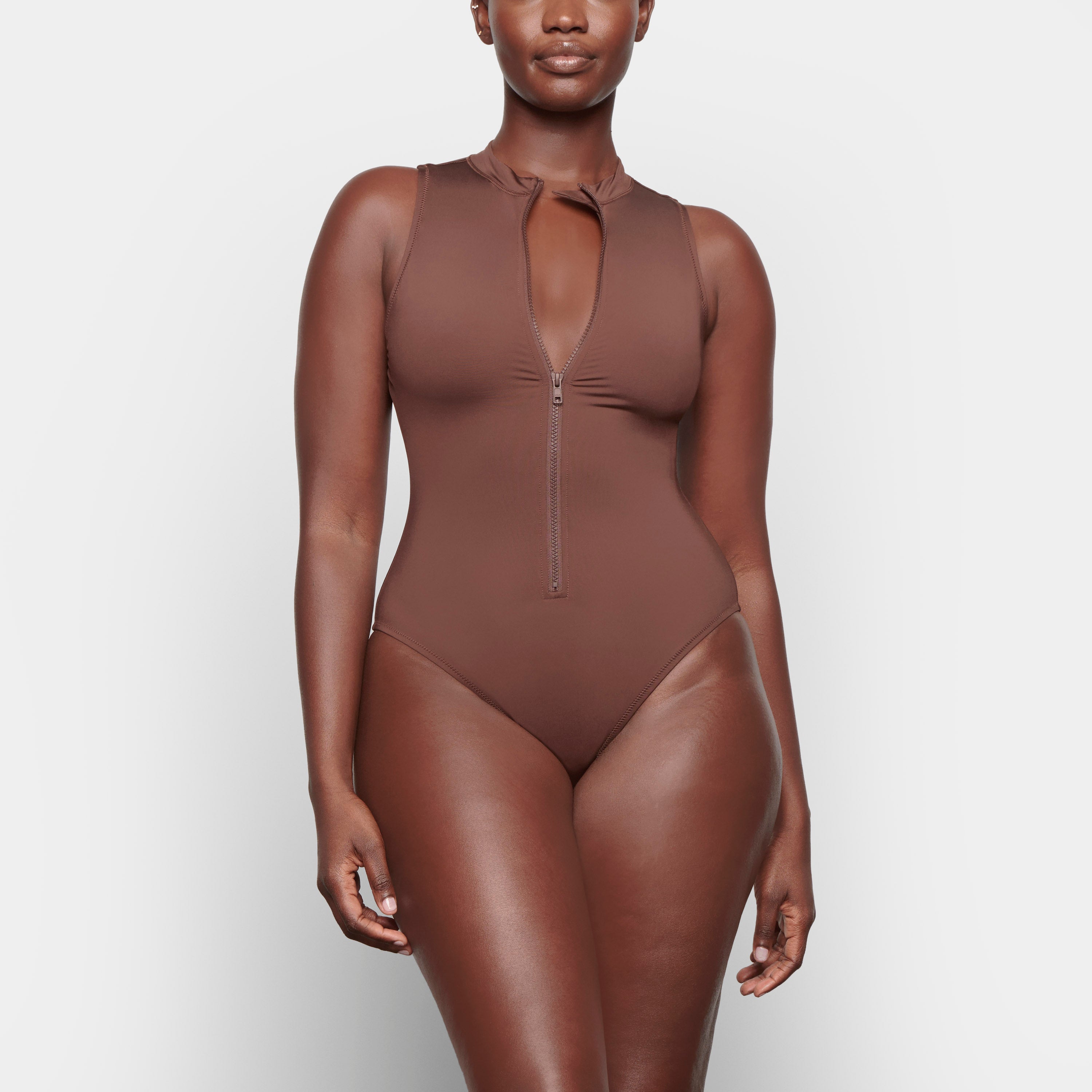 Skims Swim Zip Front Sleeveless One Piece - Cocoa | Editorialist