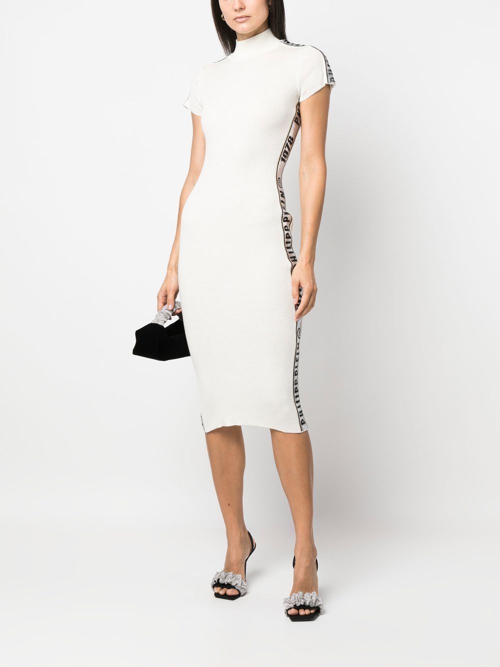 PHILIPP PLEIN Philipp Plein Rhinestone Logo Ribbed Wool Midi Dress