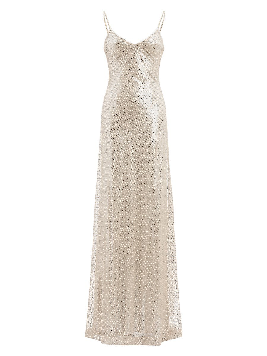 ralph lauren champagne dress This luminous SS 2009 Ralph Lauren runway gown is now available for rent. Made in a champagne silk satin with a high embroidered neckline that extends into a sheer embroidered back panel,
