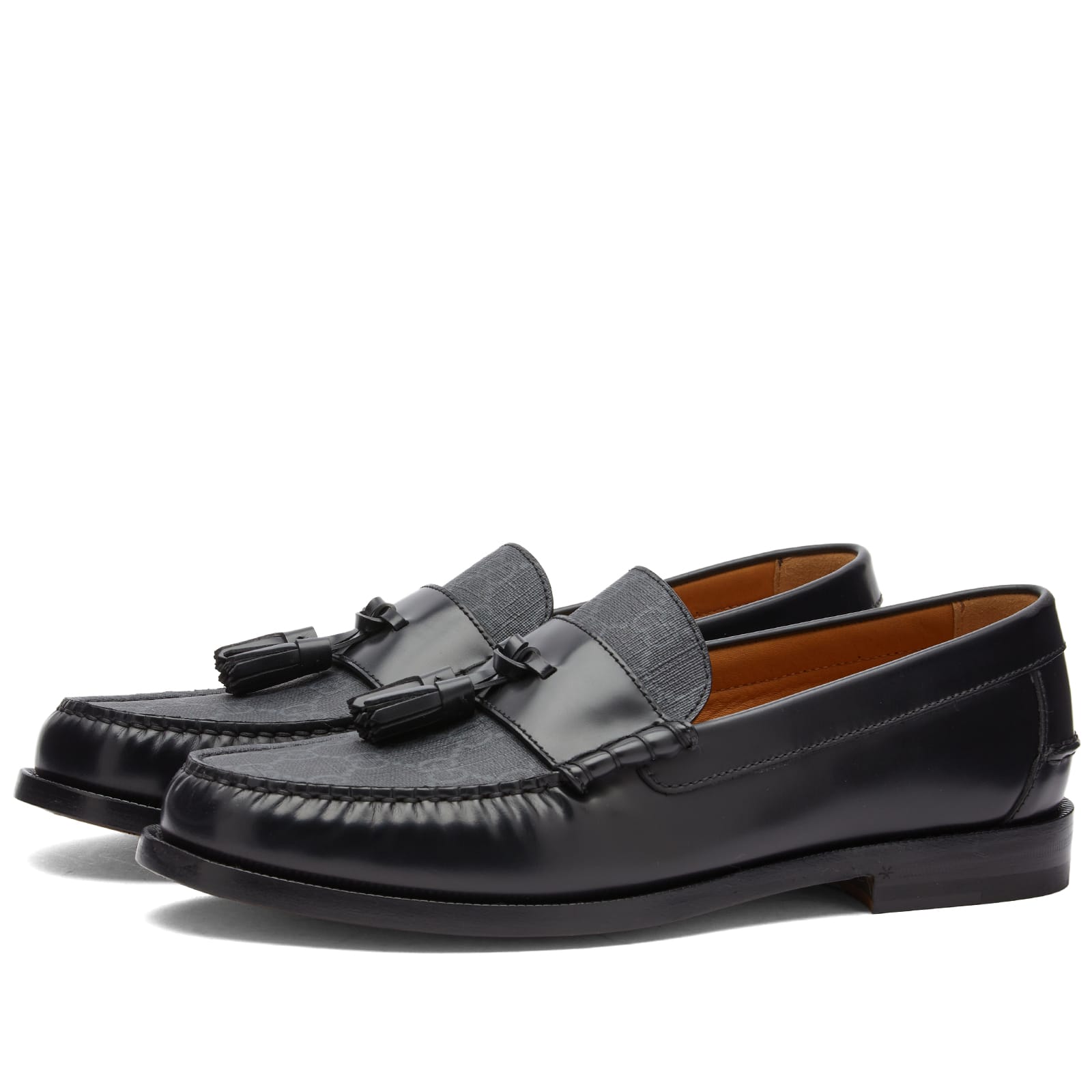 Men\'s Gucci, GG Supreme tassel loafers size 11.5 fits 12 US made in Italy GUCCI SUPREME TASSEL BLACK LEATHER & BLACK CANVAS MEN main image 2