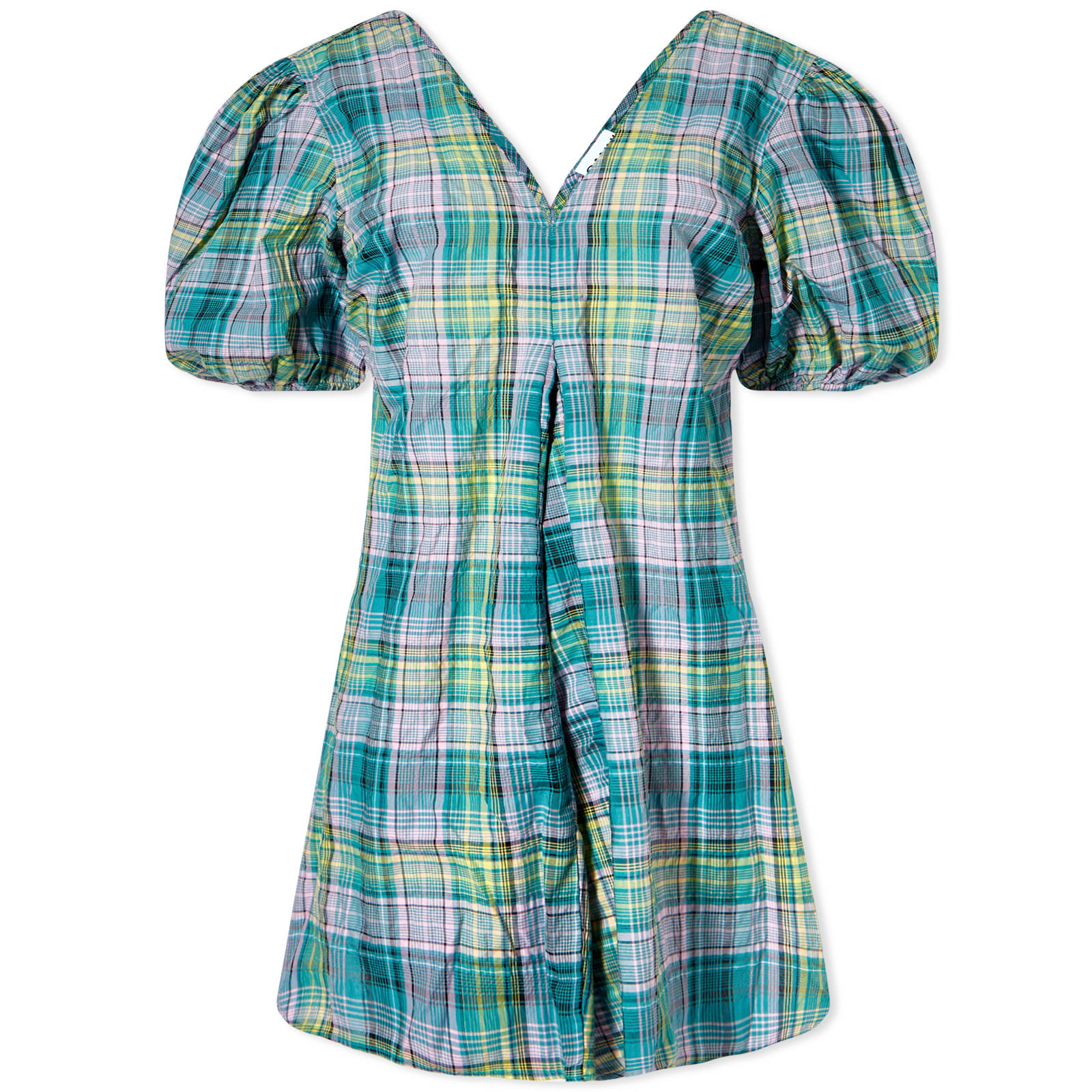 ganni green check dress Seersucker Check Gathered U-Neck Midi Dress in Lagoon main image 1