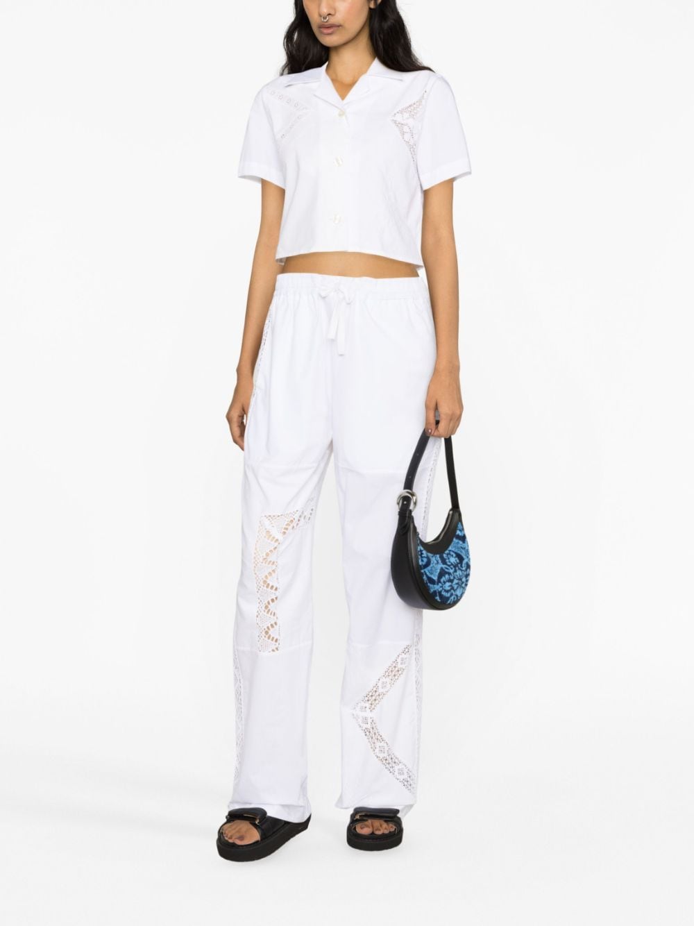 MARINE SERRE Marine Serre White Cotton Lace Trim Wide Leg Trousers