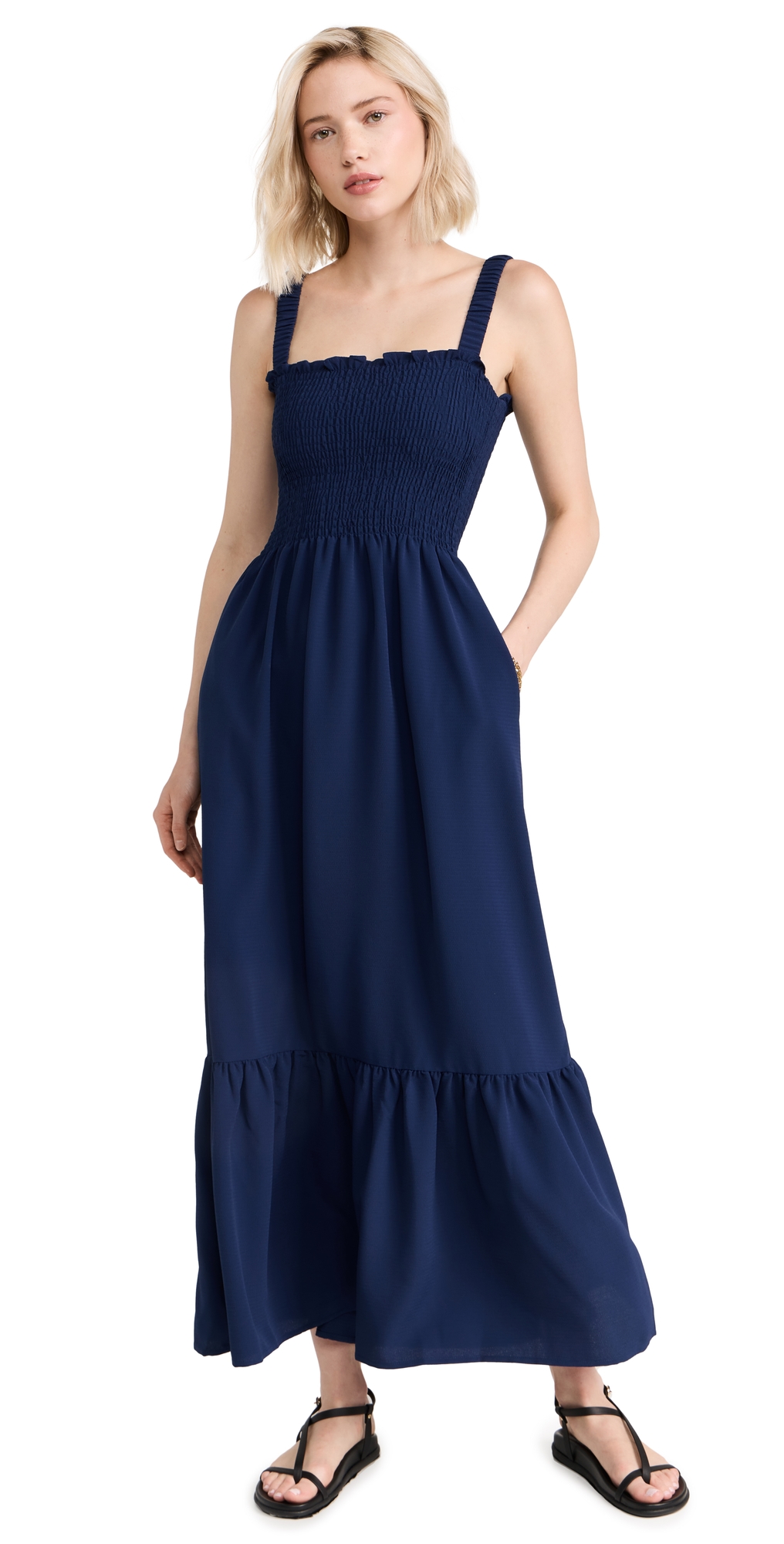 Hill House Home Anjuli Smocked Maxi Dress With Ruffled Hem - Navy
