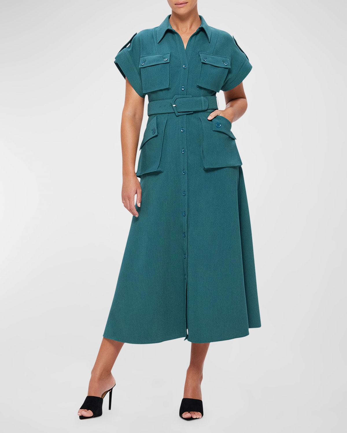 Leo Lin Audrey Short-Sleeve Pocket Midi Shirtdress - Teal | Editorialist