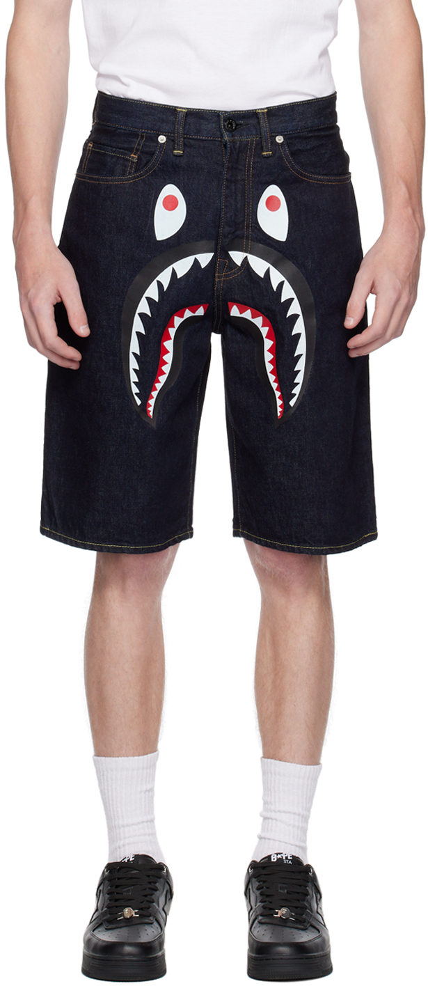 Bape Navy Shark Denim Shorts In Indigo 49% Off Editorialist