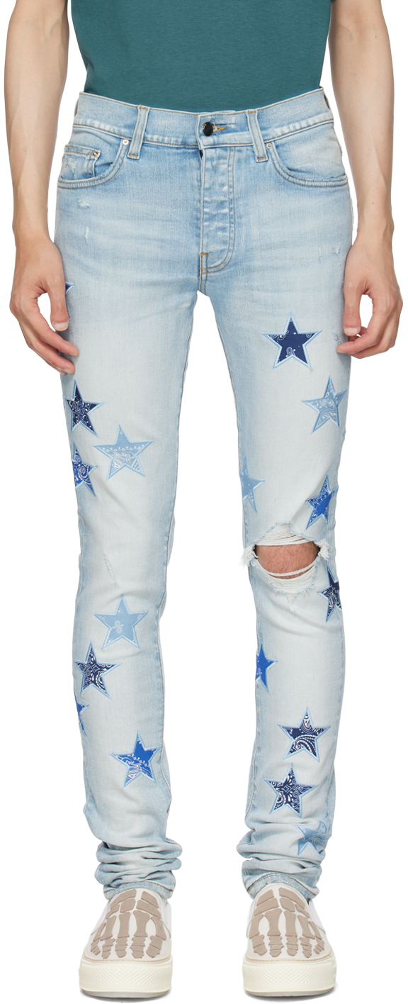 Amiri Blue Bandana Star Denim Jeans In Light Indigo 70% Off