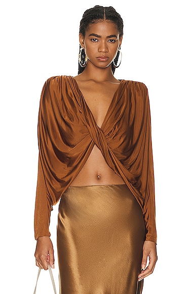 Saint Laurent Draped Twist Top In Cognac - Camel | Editorialist