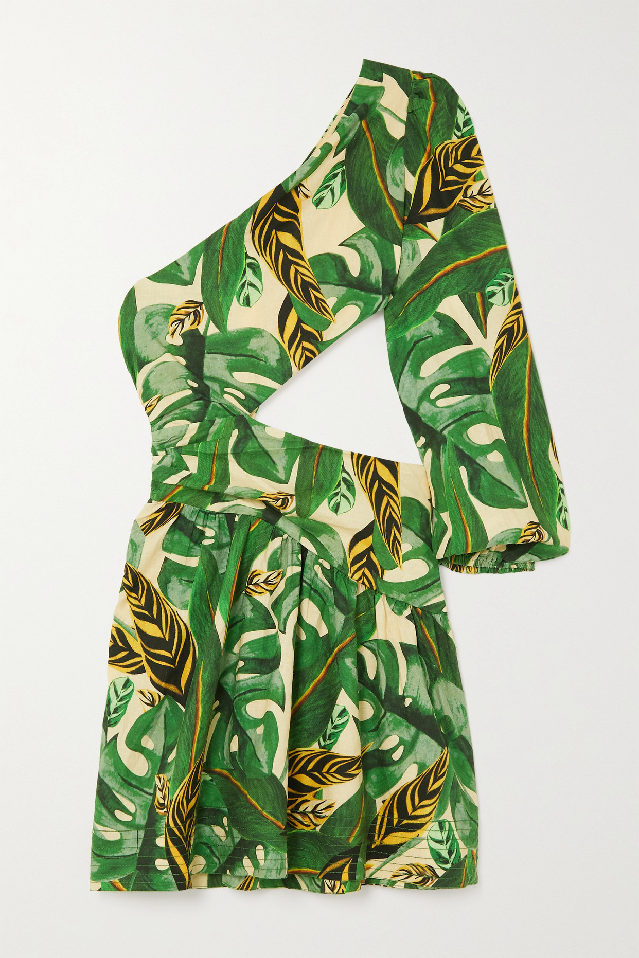 Farm Rio One-Sleeve Cutout Printed Linen-Blend Mini Dress In Green - 50% Off  | Editorialist