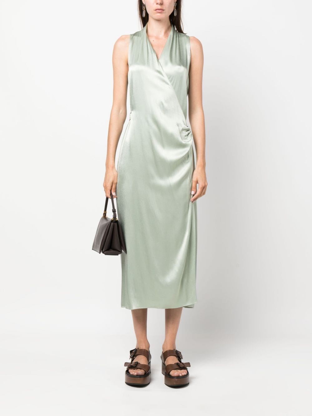 vince green slip dress satin-finish V-neck wrap Satin dress