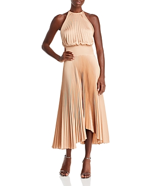 renzo pleated halter dress A.L.C. Renzo II Satin Pleated Dress in Riviera, Size 14