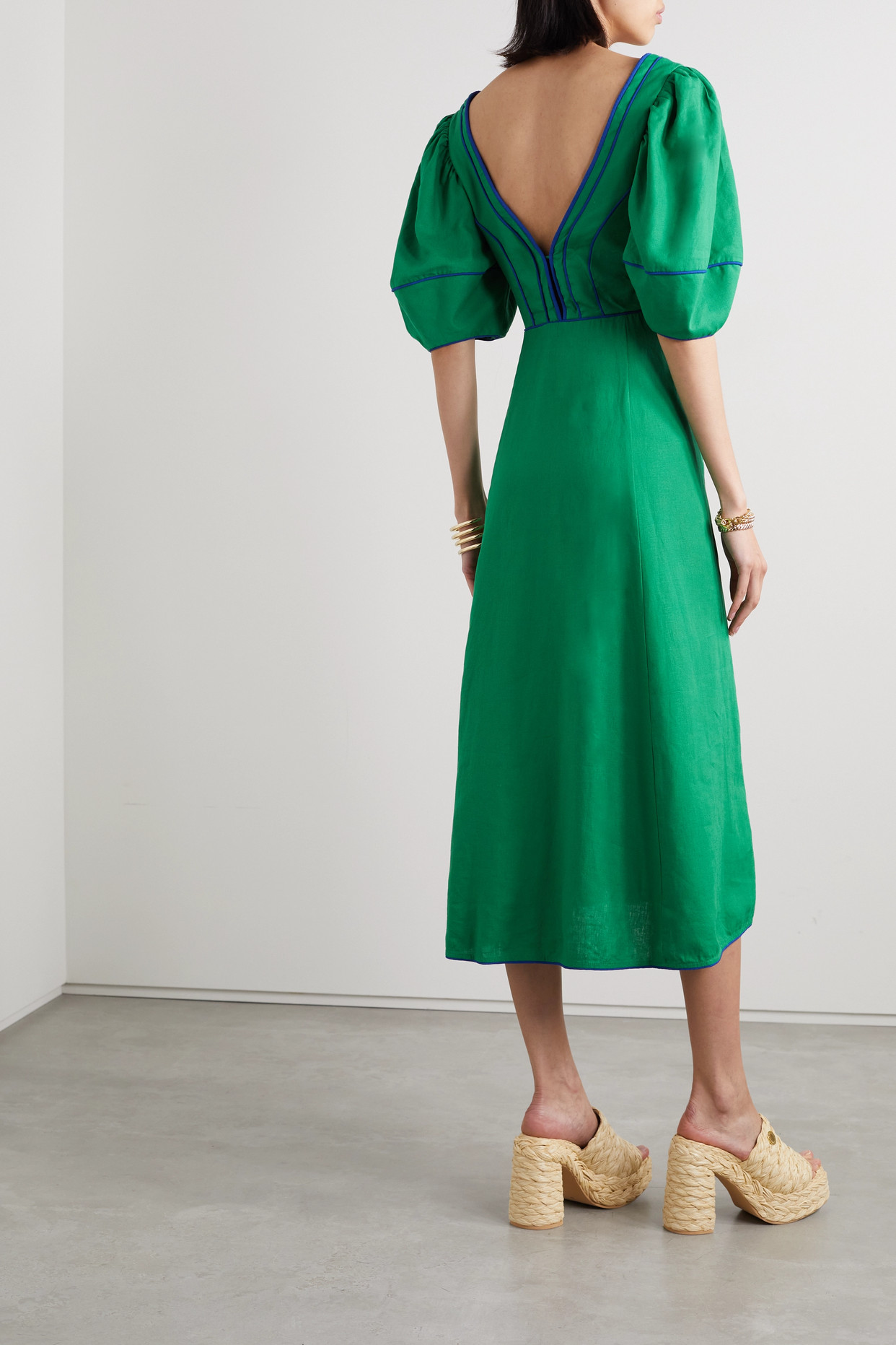 farm rio linen-blend cut-out midi-dress GREEN Palm Tree Maxi Dress