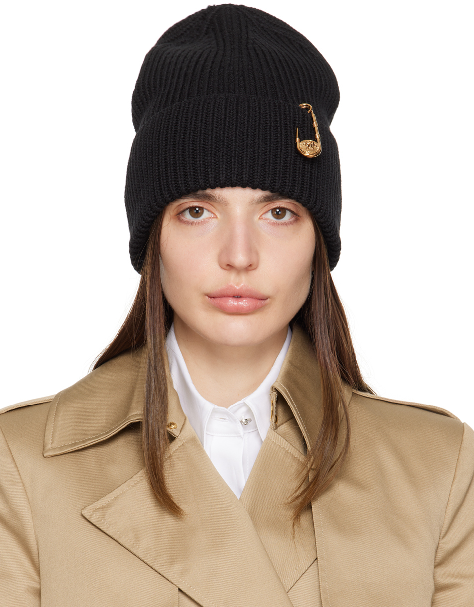 Versace Black Safety Pin Beanie In 1b000/Black 66% Off