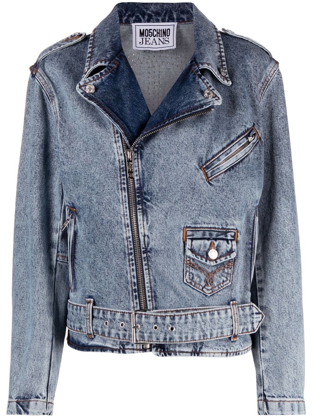 MOSCHINO MOSCHINO JEANS Crystal-Embellished Denim Biker Jacket