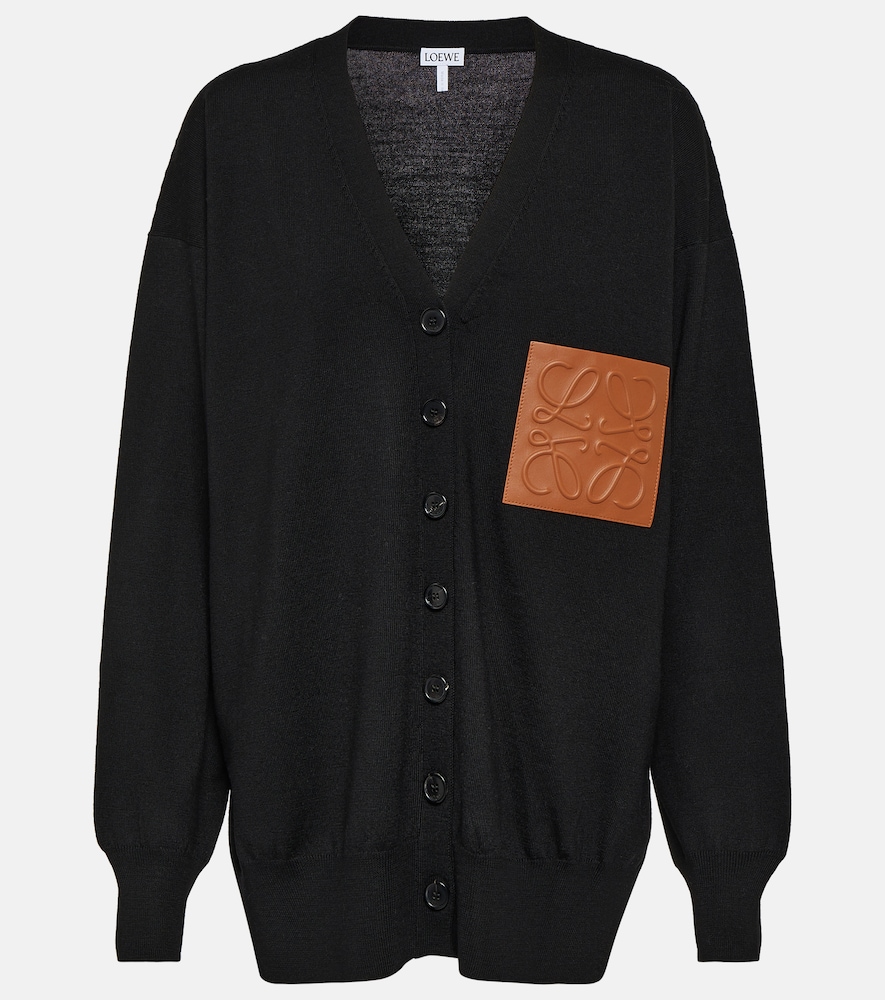 Loewe Anagram Leather-Trimmed Wool Cardigan - Black | Editorialist