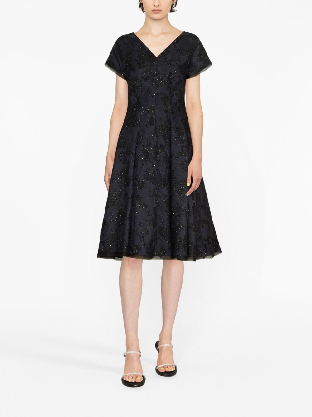 talbot runhof azalea floral jacquard midi cocktail dress TALBOTS Black Gold Metallic Floral Jacquard Fit & Flare Belted Midi Dress 8P = M