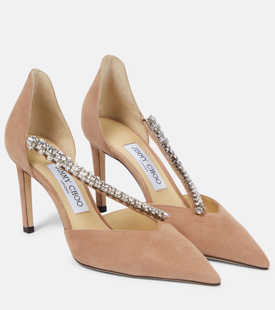 Jimmy Choo Bee 85 Embellished Suede Pumps In Pink - 30% Off