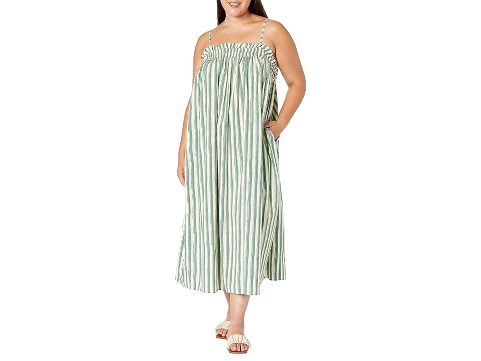 Madewell Plus Poplin Ruffle A-Line Midi Dress In Stripe In Green - 37% Off 