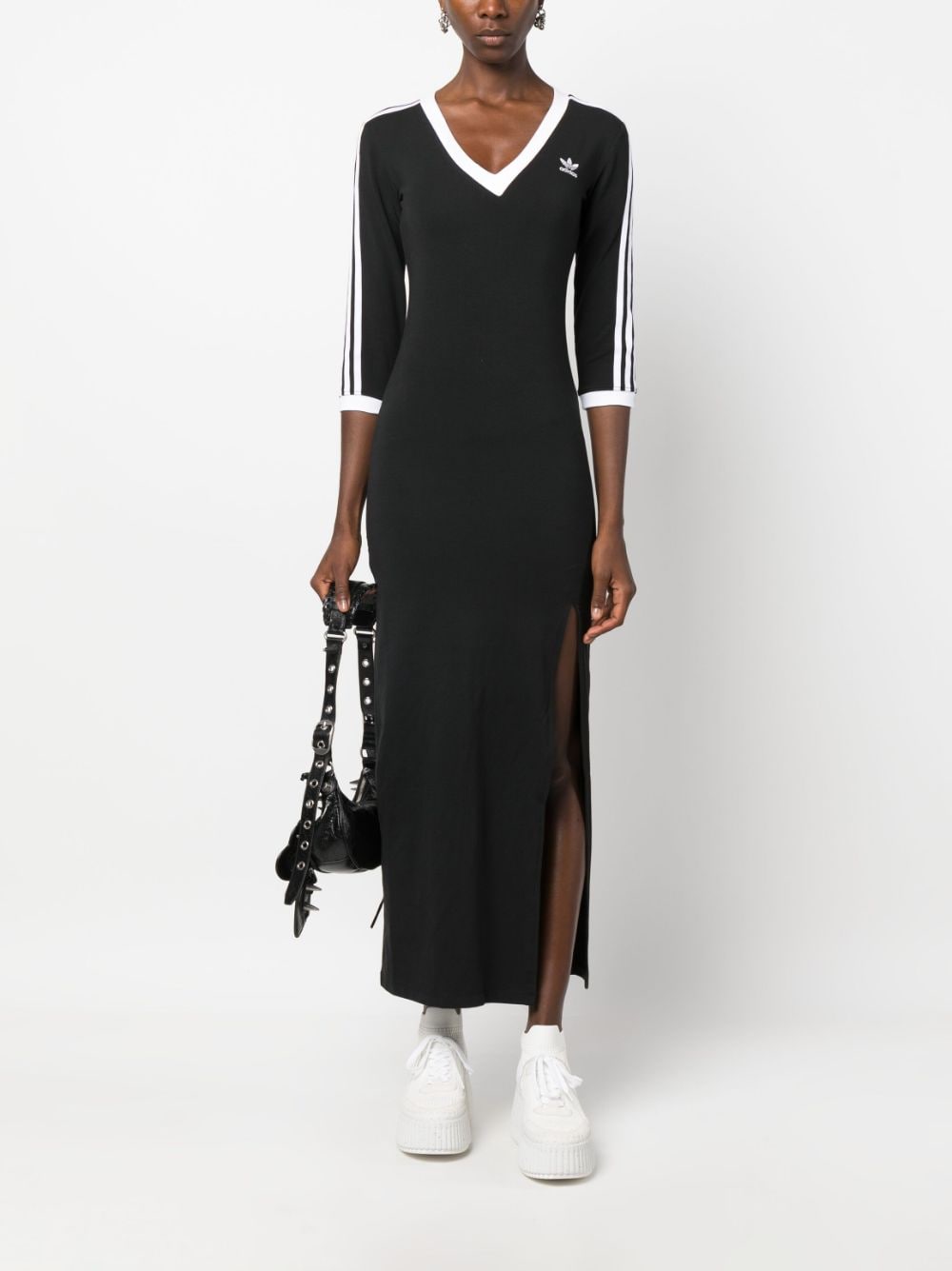 adidas originals three stripe midi dress adidas Originals Adicolor 3 stripe maxi dress in black