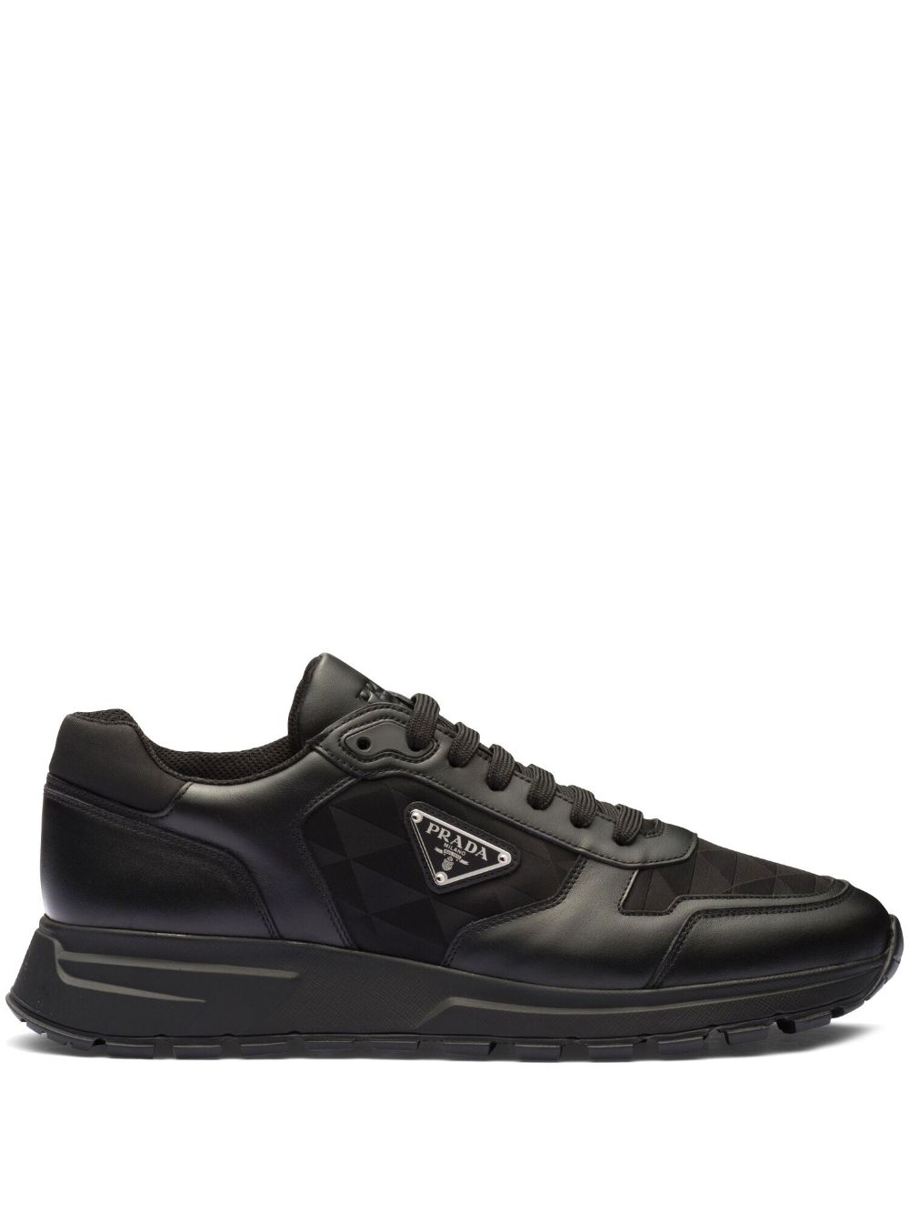 Prada Logo-Jacquard Leather Sneakers Black Editorialist