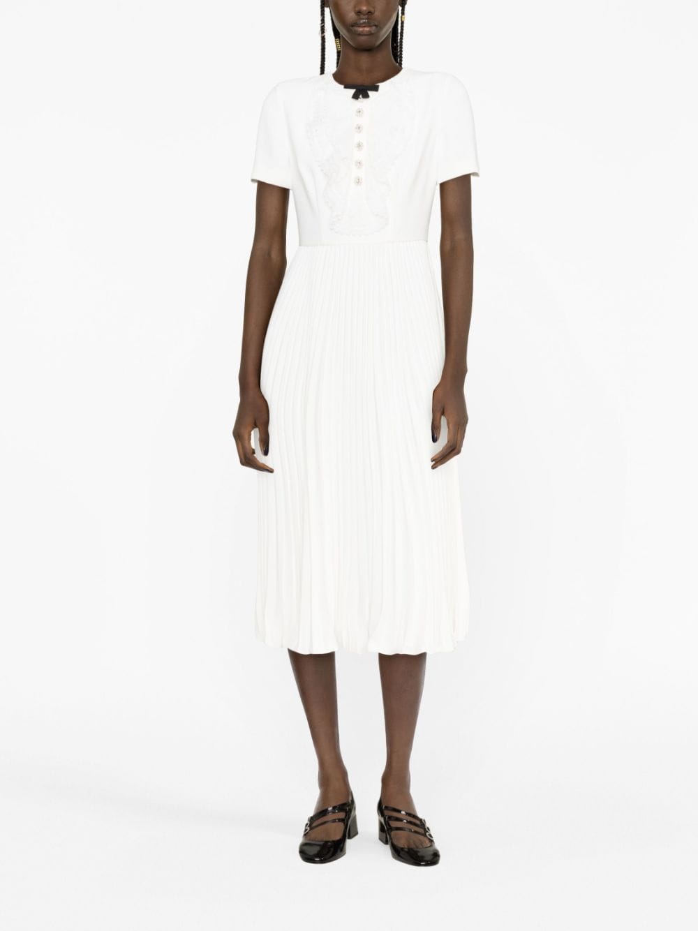 SELF-PORTRAIT Self-Portrait Lace-Collar Pleated Midi Dress