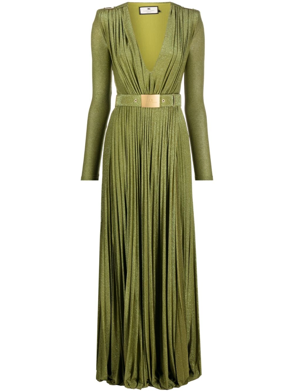 Elisabetta Franchi Belted Pleated Maxi Dress - Green | Editorialist