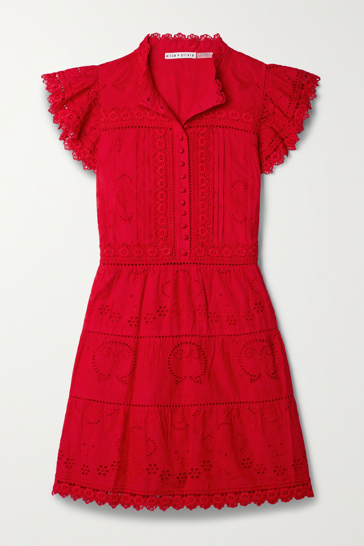 Alice + Olivia Marina Lace-Trimmed Broderie Anglaise Cotton-Voile Mini Dress In Red - 50% Off | Editorialist Alice + Olivia Marina Lace-Trimmed Broderie Anglaise Cotton-Voile Mini Dress In Red - 50% Off | Editorialist