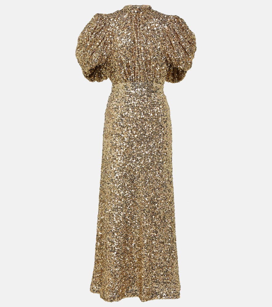 gold sequin puff sleeve dress Sequined puff-sleeve midi dress in gold - Rotate