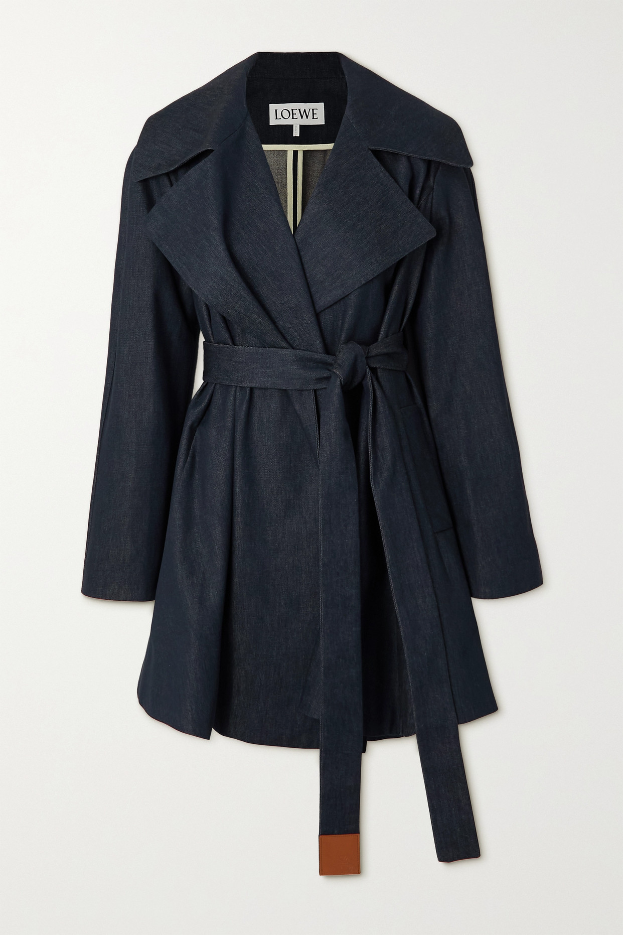 Loewe Trapeze Belted Leather-Trimmed Denim Trench Coat In Blue