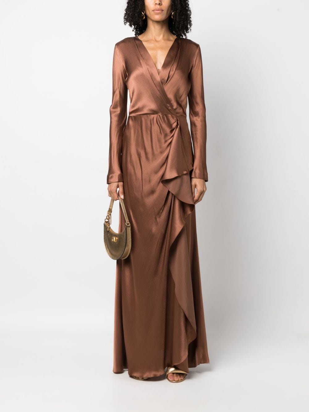 blue dress for baby girl Satin Panel Mock Neck Long Sleeve Maxi Dress - Light Brown main image 1