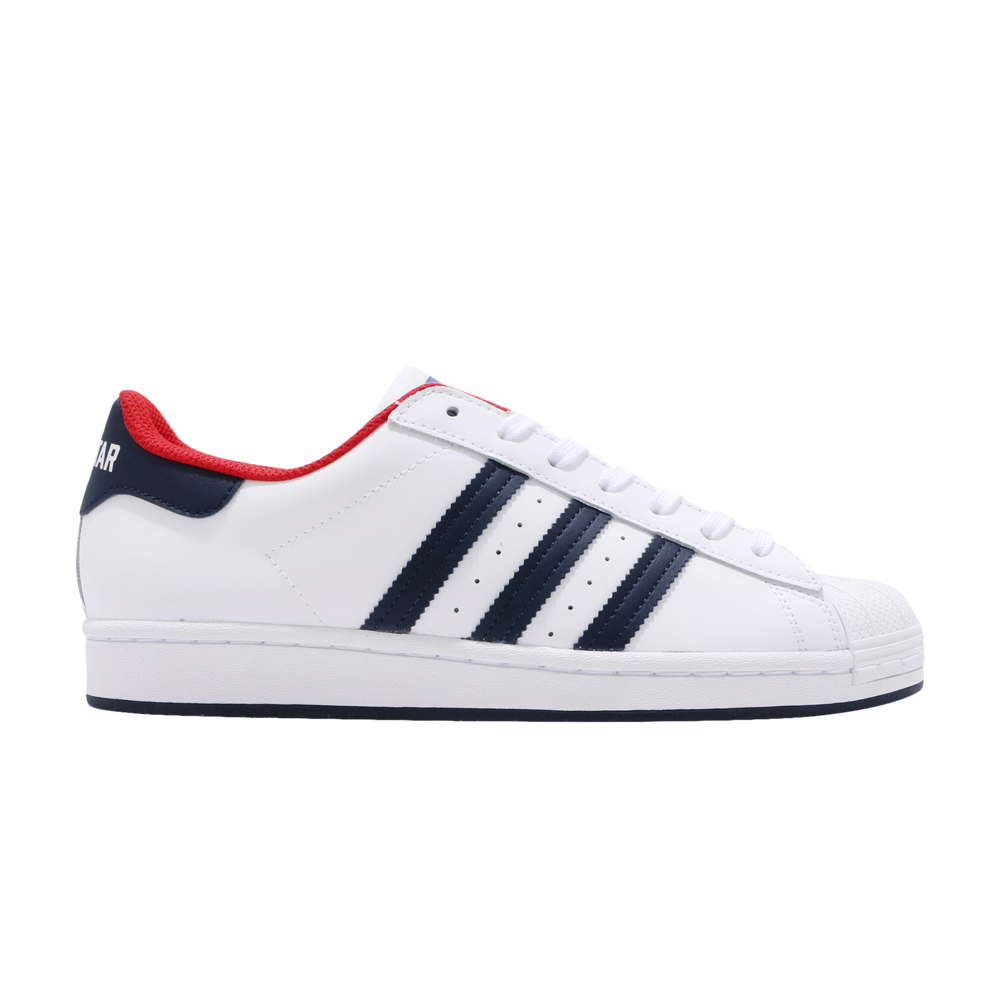 adidas superstar white red and blue stripe trainers