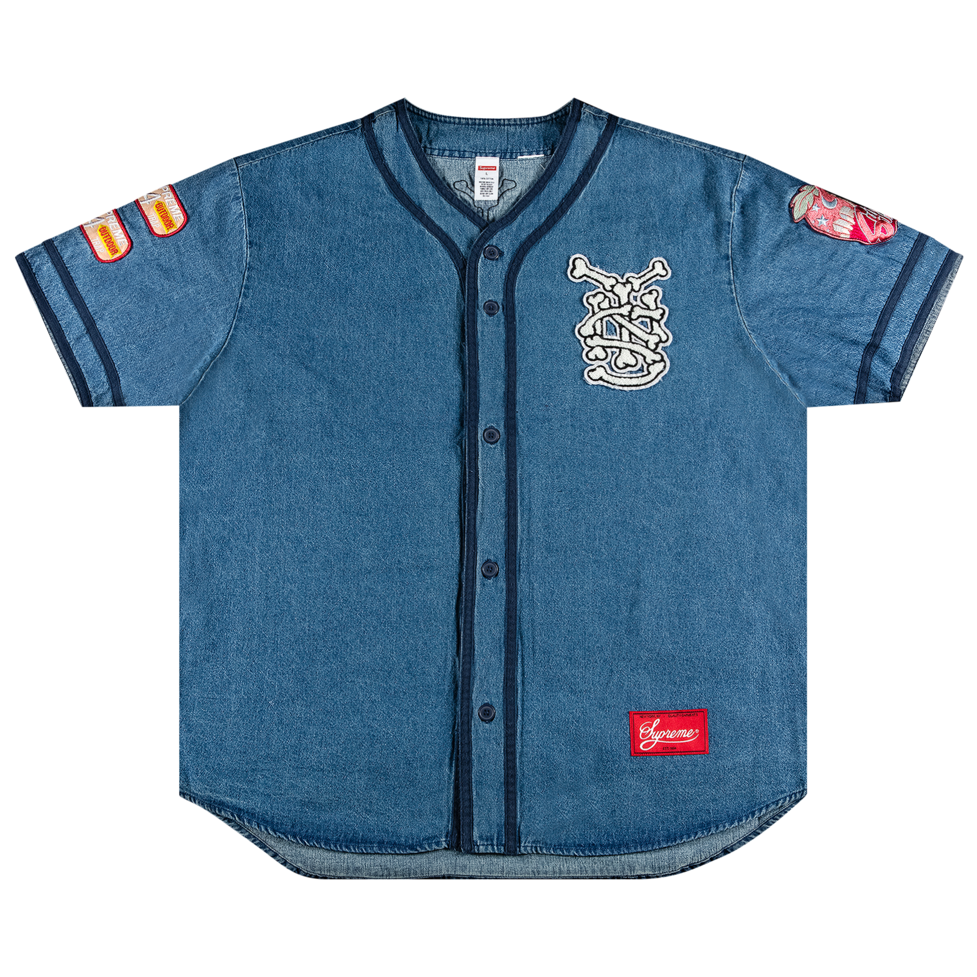 Supreme Patches Denim Baseball Jersey - Blue | Editorialist